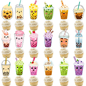 Bubble Tea Cupcake Toppers 48Pcs Boba Tea Themed Birthday Party Decorations Bubble Milk Tea Cake Cupcake Topper Decorations for Pearl Milk Tea Theme Birthday Baby Shower Party Supplies
