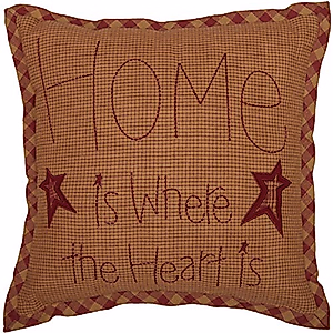 VHC Brands Ninepatch Star Home Text Cotton Primitive Bedding Embroidered Square Pillow, 1 Count (Pack of 1), Burgundy Red