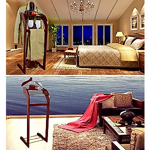 FOLREORP Suit Valet Stand Freestanding with Top Tray Contour Hanger Trouser Bar Shoe Rack Tie & Belt Wardrobe Valet Stand Stand Organizer for Both Living Room and Bed Room Pine