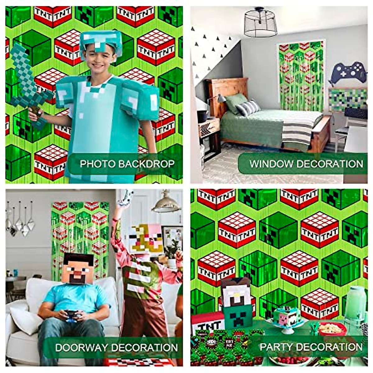 Bupelo Pixel Game Themed Party Supplies,4 Pack Creeper & TNT Tinsel Foil Fringe Curtains,Miner Themed Photo Booth Prop Backdrop Streamer,Miner Crafting Birthday Party Decorations,Room Decor for Kids