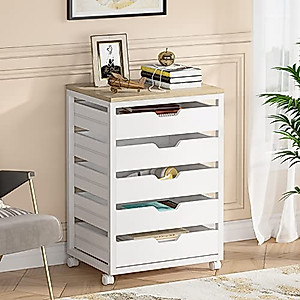 Tribesigns 5 Drawer Chest, Wood Storage Dresser Cabinet with Wheels, Industrial Storage Drawer Organizer Cart for Office Bedroom Entryway (White, 1 PC)