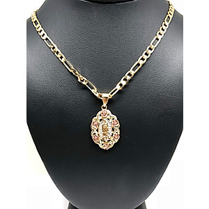 Tri-Color Virgin Mary Flower Pendant Necklace 26" Virgen de Guadalupe Medalla Tres Colores Con Flores