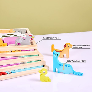 Childgoo 2 in 1 Wooden Farm Animal Sorting & Stacking Toys Wooden Blocks and Puzzles for Kids Ages 3-5 Montessori Gifts for Toddlers Boys & Girls Ages 3 4 5 6 Years Old (Farm Animal)