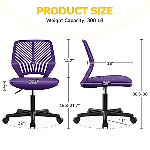 Yaheetech Students Cute Desk Chair Low-Back Armless Study Chair w/Lumbar Support Adjustable Swivel Chair in Home Bedroom School, Purple