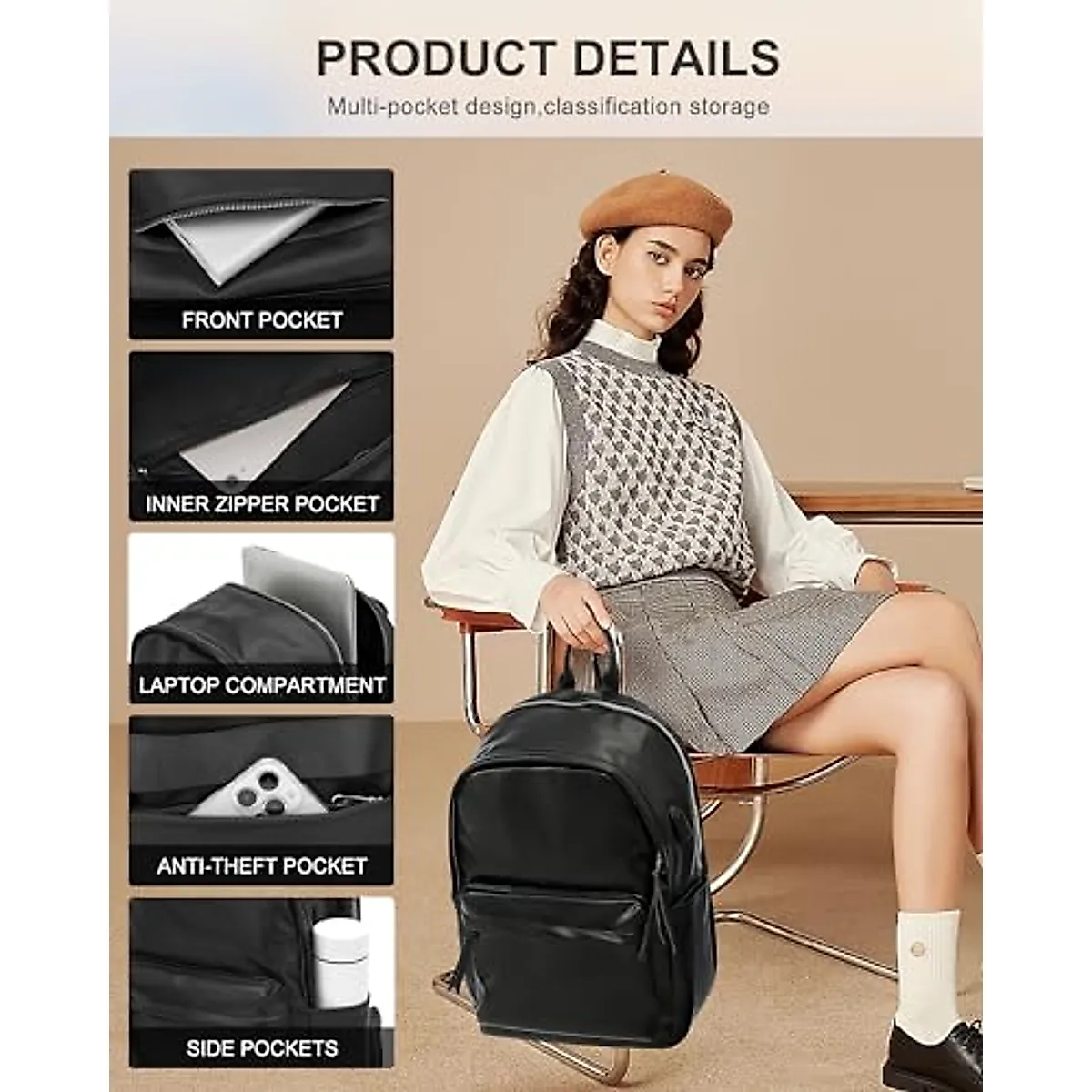 Laptop Backpack Women, Faux Leather Work Travel Backpack for Men with USB Port, Waterproof Fashion Casual Daypack for Business University, Large Capacity Carry On Backpack for Airplanes, Black