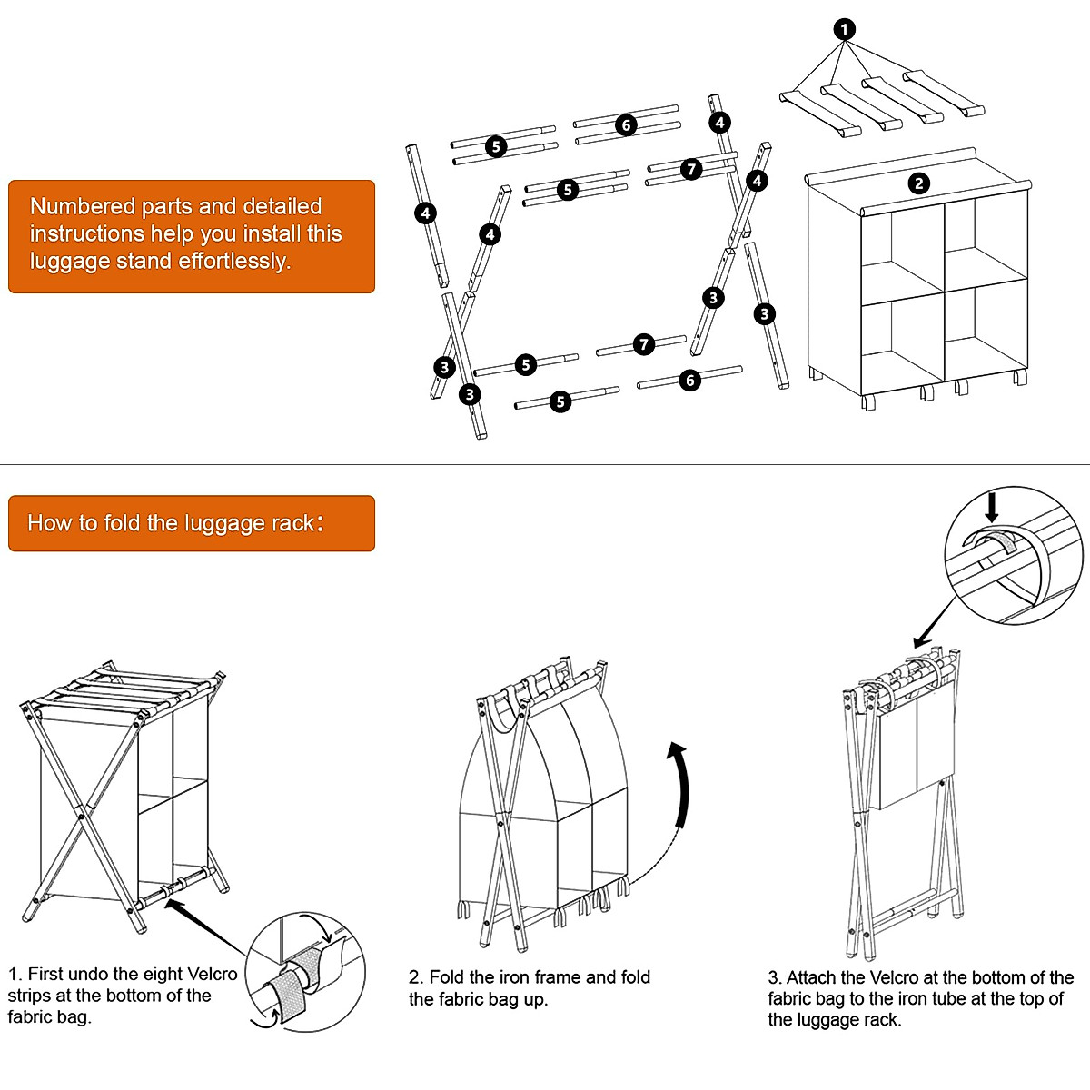 Huhote Luggage Rack for Guest Room, Set of 2, Folding Suitcase Stand with Fabric Storage Shelf, Luggage Holder, Steel Foldable Luggage Stand for Guest Room, Bedroom, Hotel, Black