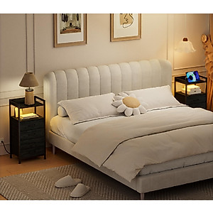 Furnulem Night Stand with Charging Station, Black Nightstand with Drawers and Led Light, Tall Dresser for Bedroom, Bedside Table with Fabric Storage Bins, Metal Frame, Wood Furniture