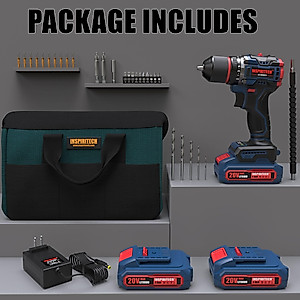 INSPIRITECH 20V Cordless Drill Set, Brushless Power Drill Set with 2 Batteries and Charger,3/8-Inch Metal Chuck Electric Drill Driver,22 Torque Setting,Drill/Driver Bits and Tool Bag Included