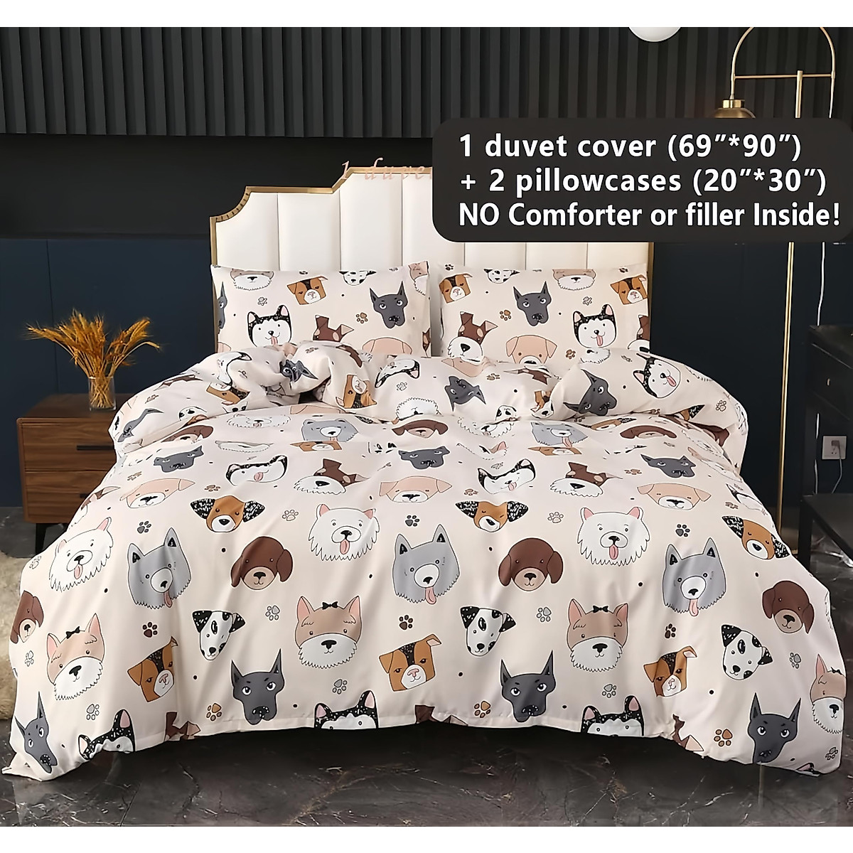 SDY 3PCS Dog Print Pattern Duvet Cover Set Twin, Bed in a Bag Duvet Cover and 2 Pillowcases, Corner Ties and Zipper Closure, Cute Cartoon Puppy Bedroom Decor for Kids, Children, Boys, Girls and Teens