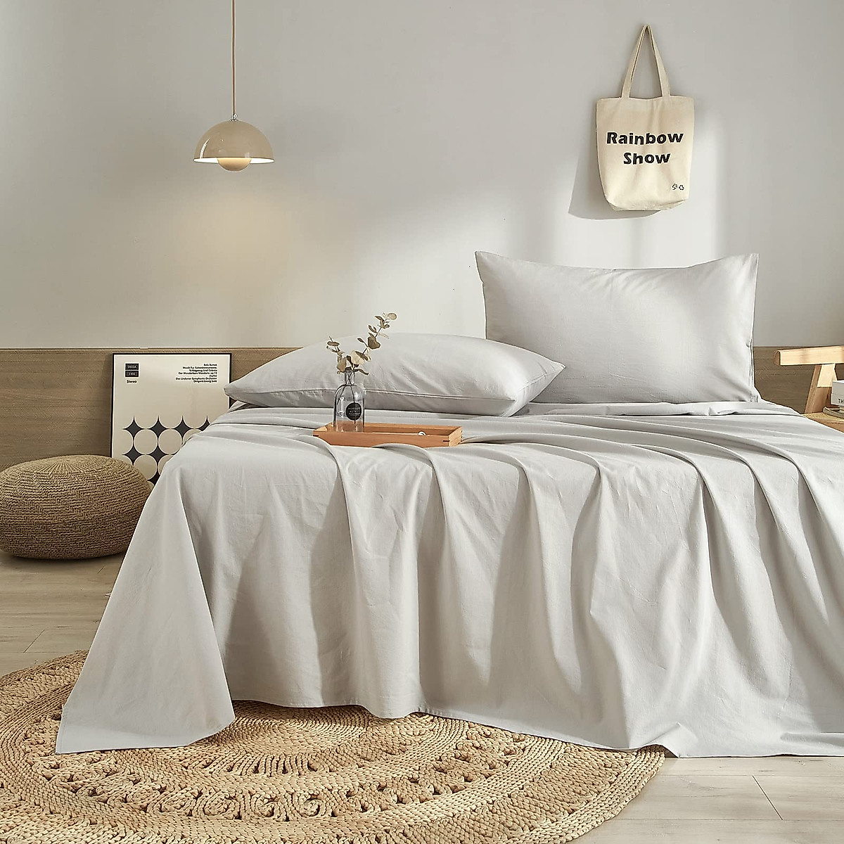 Full Size Sheets Set Grey Bed Sheets Deep Pocket 4 Piece Bedding Sheets & Pillowcases Set, Hotel Luxury Silver Grey Sheets 100% Washed Cotton Breathable Cooling Sheets, Fade, Stain, Shrink Resistant