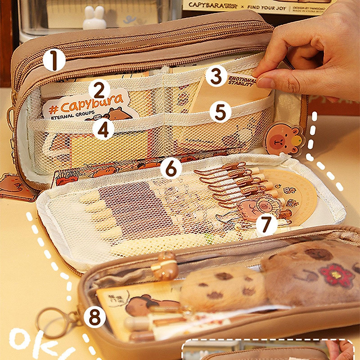 GUANGLU Cute Capybara Pencil Case, Clear Aesthetic Pencil Pouch with Cute Capybara Pins and Plush, Large Capacity Multi-layers Pen Case Cute Stationery School Supplies