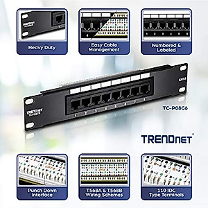 TRENDnet 8-Port Cat6 Unshielded Patch Panel, TC-P08C6, Rackmount, 10 Inch Wide, 8 x Gigabit RJ-45 Ethernet Ports, Pre-Numbered Ports, 250 Mhz Connection, Color Coded Labeling,