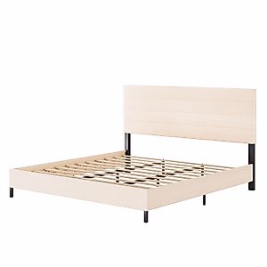 Furnihome King Bed Frame, Modern Upholstered Bed Frame King with Adjustable Linen Headboard, Wooden Slats Support Platform King Size Bed Frame, No Box Spring Needed,Easy Assembly,Beige