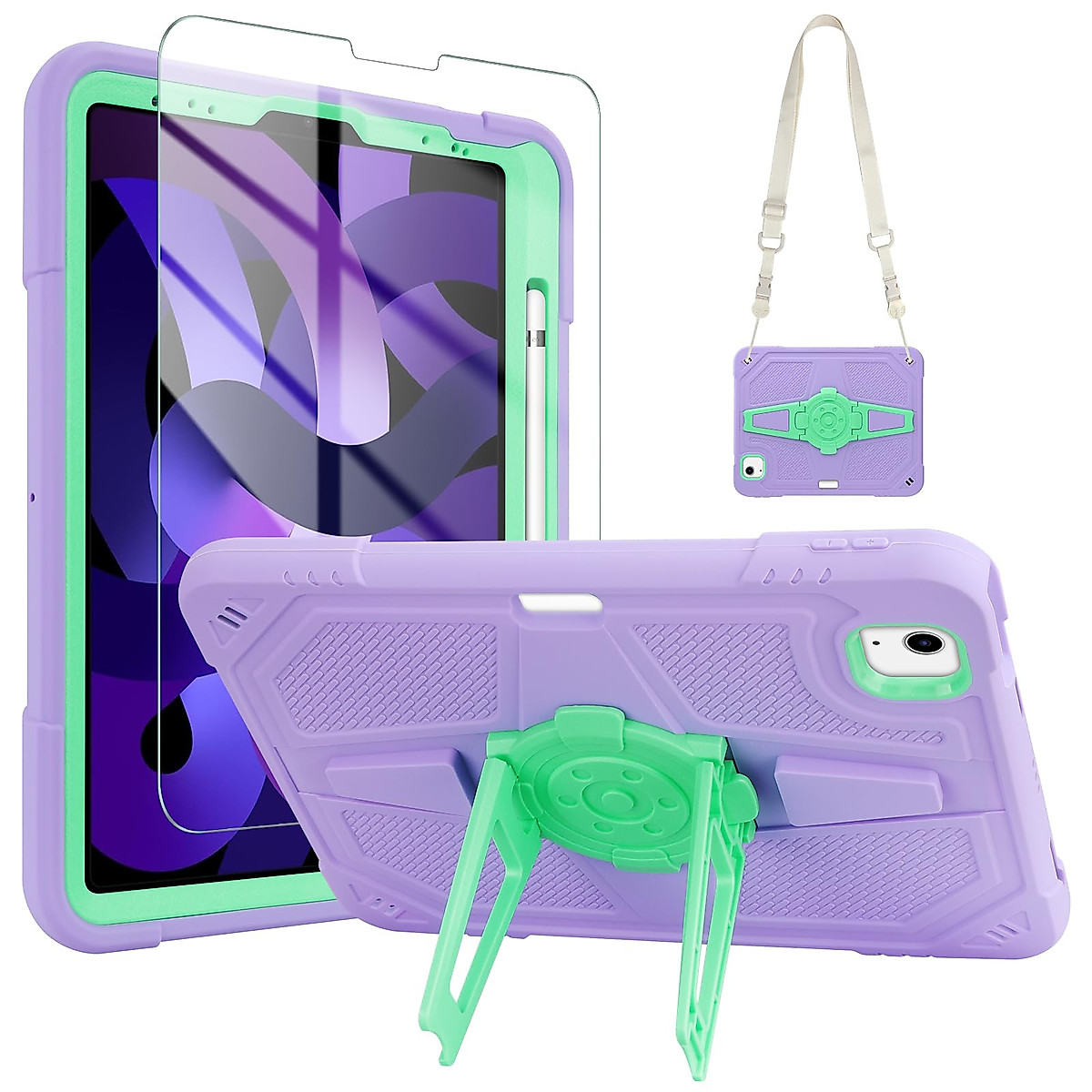 WESADN for iPad Air 5th Generation Case Pro 11 Inch Case 4th/3rd/2nd/1st with Screen Protector Foldable Kickstand Shoulder Strap Pencil Holder for Kids Girls Rugged Cover for iPad Air 4 Purple Teal