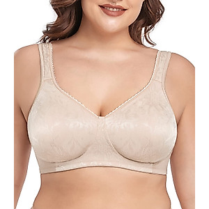 wirarpa Women's Bras Comfortable Ultimate Soft Wireless Full Coverage Floral Jacquard Non-Padded Plus Size Bra Beige 42D