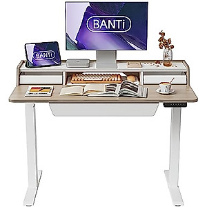 BANTI Height Adjustable Electric Standing Desk with Three Drawers, 48 x 25 Inch Table with Storage Shelf, Sit Stand Desk with Storage Space, Splice Board with White Frame/Light Walnut Top, 48 inch