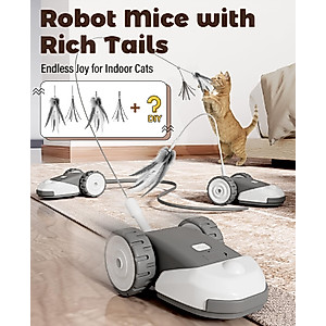 CYROS 3-in-1 Interactive Cat Toy - 2-Speed Automatic Moving Mouse Cat Toys Self Play with 2pcs Hanging Feather String Ribbon and Wiggly Silicone Mice Tail for Bored Indoor Adult Cats Kittens