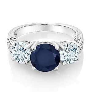 Gem Stone King 3.96 Cttw Blue Sapphire and Sky Blue Aquamarine 925 Sterling Silver 3-Stone Ring | 3 Stone Wedding Anniversary Promise Ring For Women | Available In Size 5, 6, 7, 8, 9