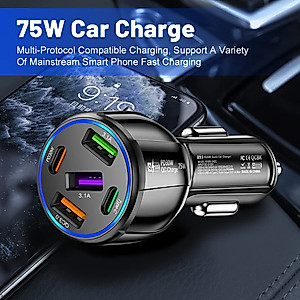 75W Ultra-Fast Car Charger, 30W/QC3.0/Type C 5-Port Smart Shunt 12 Volt Car Adapter Cigarette Lighter USB Charger Compatible with iPhone 14 Pro MAX/13,MacBook Pro,iPad Pro (3USB+2PDBlack)