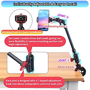 JEBUTU 13"/34cm Magic Arm w Clamp, Camera Mount & Clamp w 1/4" 3/8" Threads and Articulating Friction Magic Arm, Overhead Phone Mount, Camera Boom Arm Mount for Light Webcam Mic Action Camera Monitor