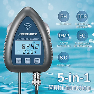 XpertMatic 5in1 PH Meter, PH TDS EC SALT TEMP Water Tester, Long-Term PH Monitoring, Wi-Fi Remote Control, for Aquarium, Hydroponics, Lab, and Pool