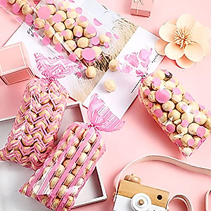 105 PCS Baby Shower Cellophane Treat Bags, Gender Reveal Candy Bag Polka Dot Stripes Printed Plastic Goodie Favor Bags with 100 Silver Twist Ties for Christmas Birthday Party Decor(Light Pink)