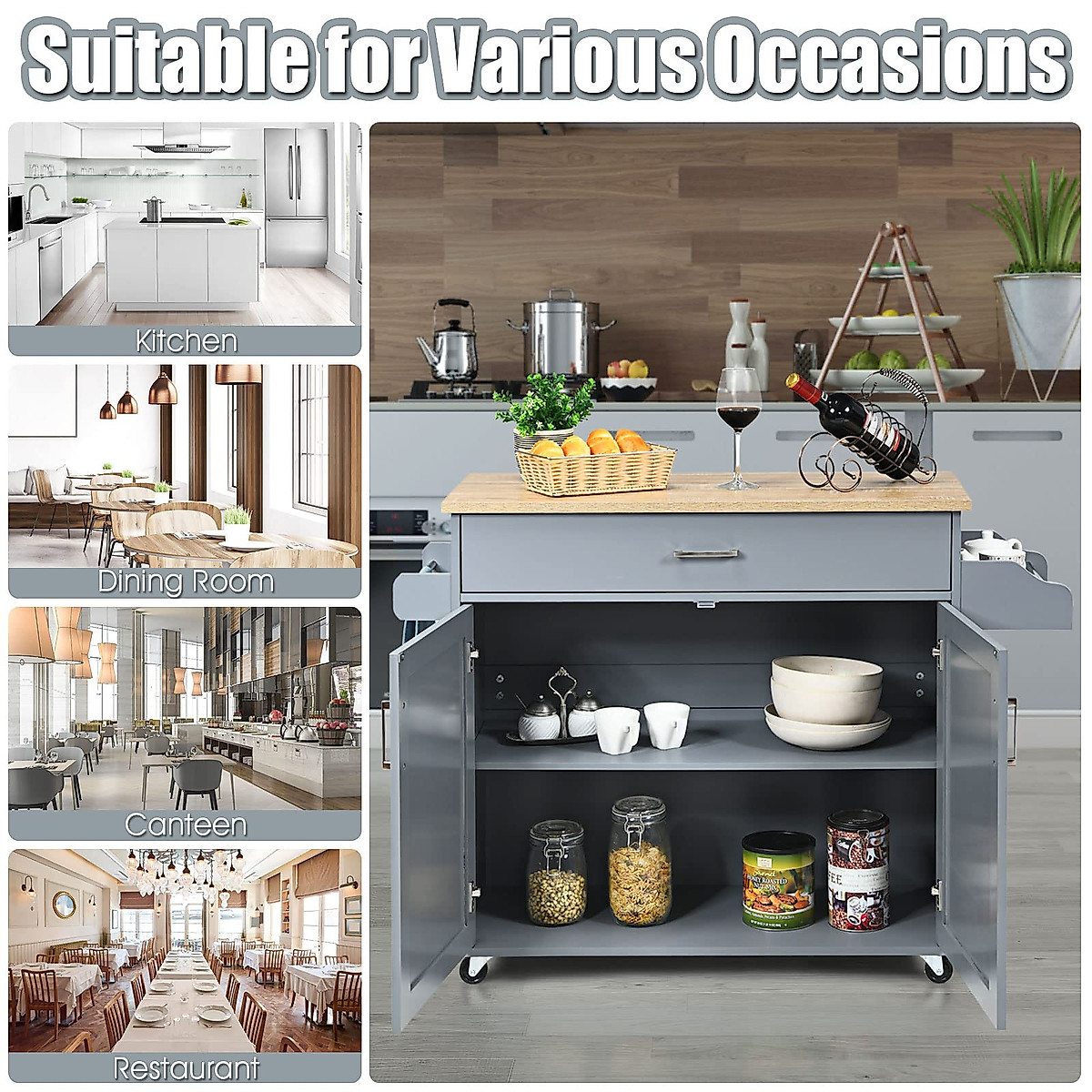 MEDIMALL Rolling Kitchen Island Cart with Storage, Serving Trolley Cart with Towel Rack, 3-Level Adjustable Shelf & Lockable Wheels, Mobile Island Table for Dining Room & Living Room, Gray