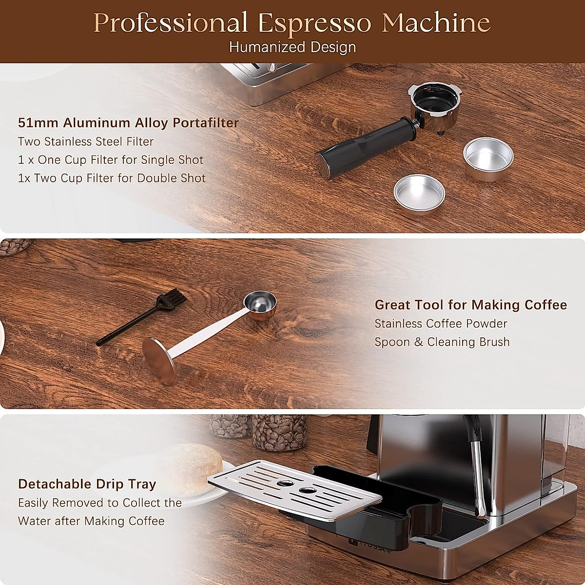 Frossvt Espresso Machine 20 Bar, Milk Frother Steam Wand, 60oz (1.8 Liters) Water Tank, 1350W for Home Barista Espresso Latte Macchiato and Cappuccino Maker