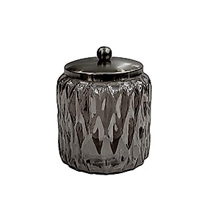 nu steel GLA328D-1 Glacier Collection Glass with Black Finish Metal Trim Bathroom Vanity Countertop Storage Organizer Canister Jar for Cotton Swabs, Rounds, Balls, Makeup Sponges-Smoke, Black