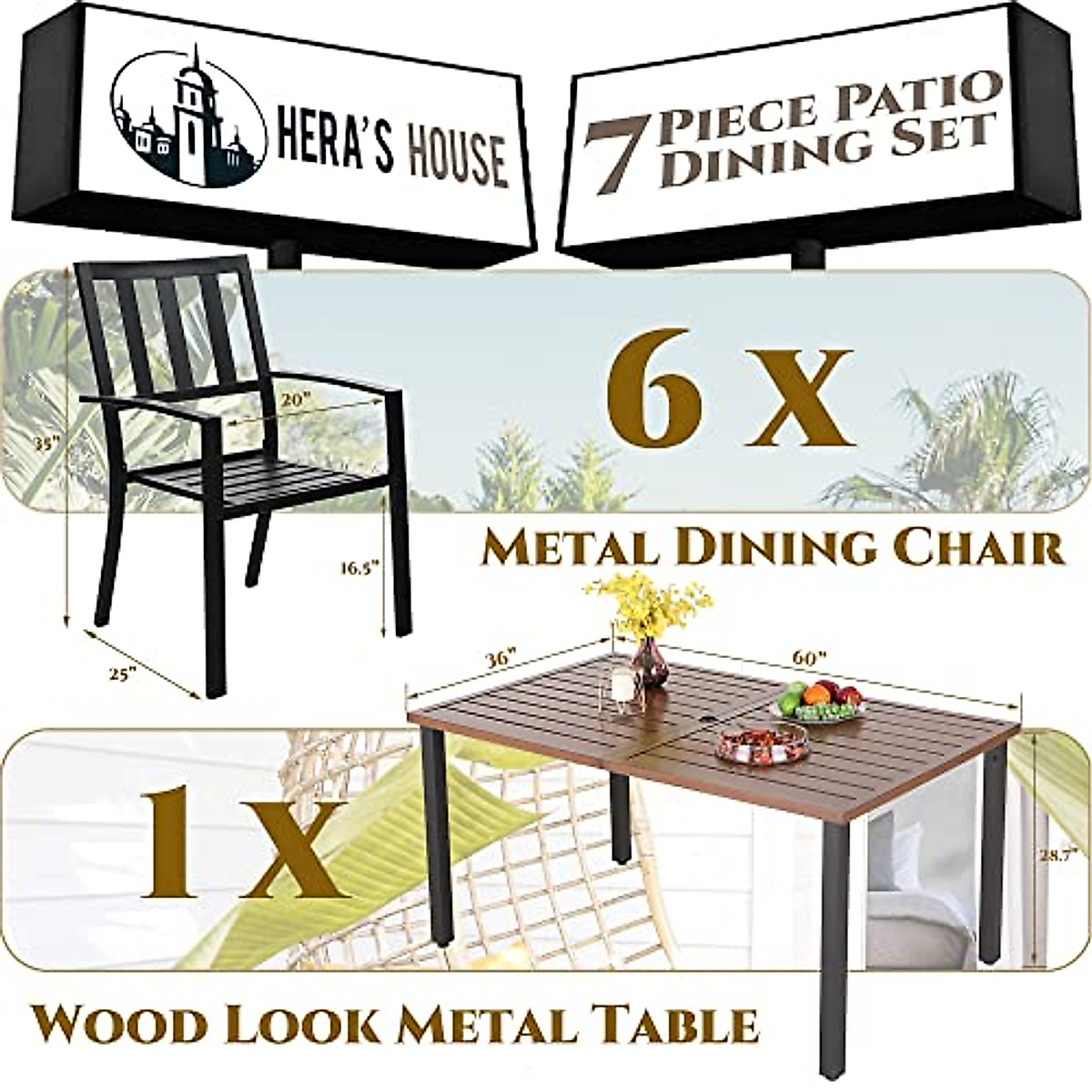 HERA'S HOUSE 7 Pieces Patio Dining Set, Outdoor Table and Chairs Set for 6, 60" Wood Look Table and 6 x Metal Patio Chairs for Backyard Lawn Garden Deck