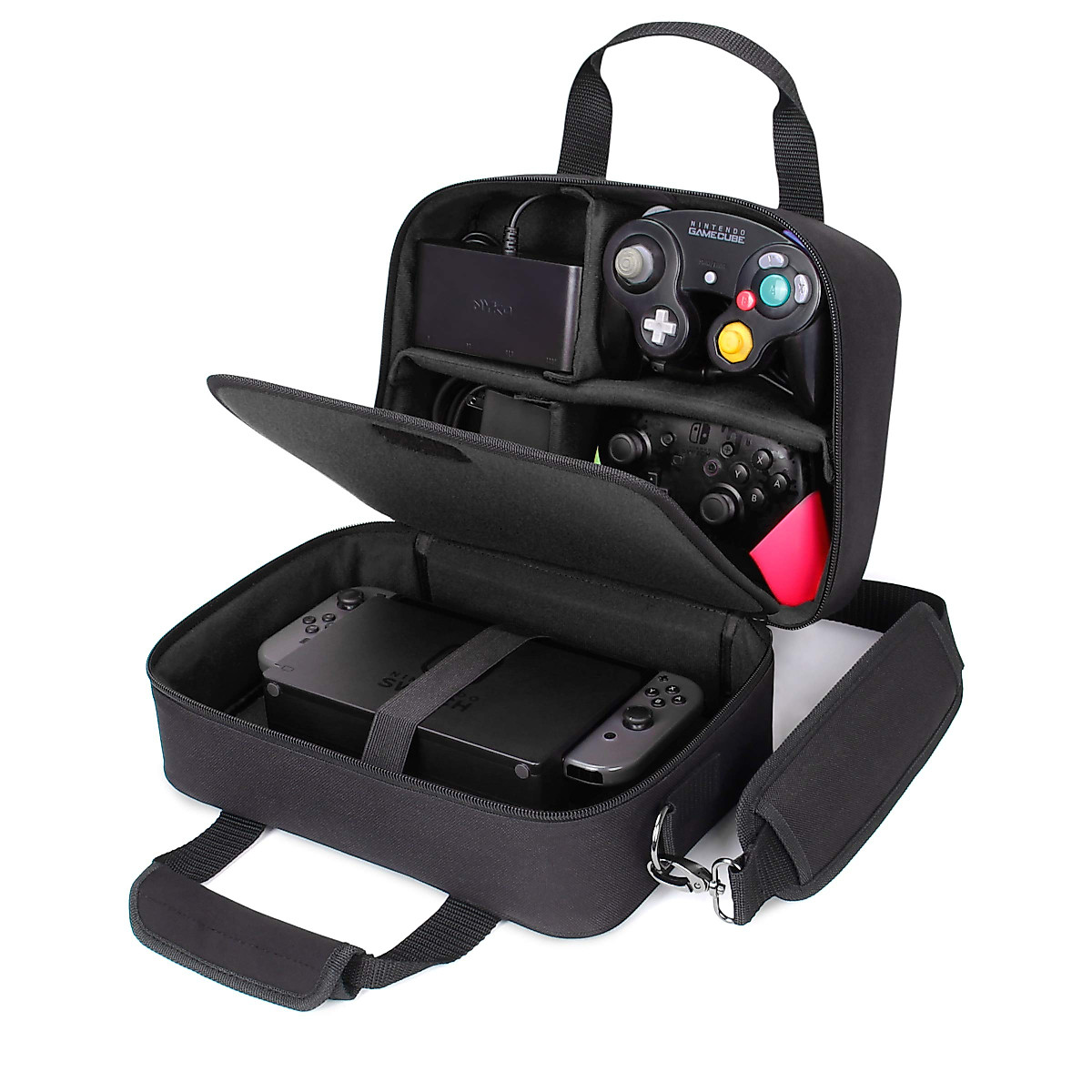 USA Gear Carrying Case Compatible with Nintendo Switch, Gamecube Controller, Adapter, Pro-Controller, and More Gaming Accessories - Customizable Interior, Shoulder Strap, and Padded Interior - Black