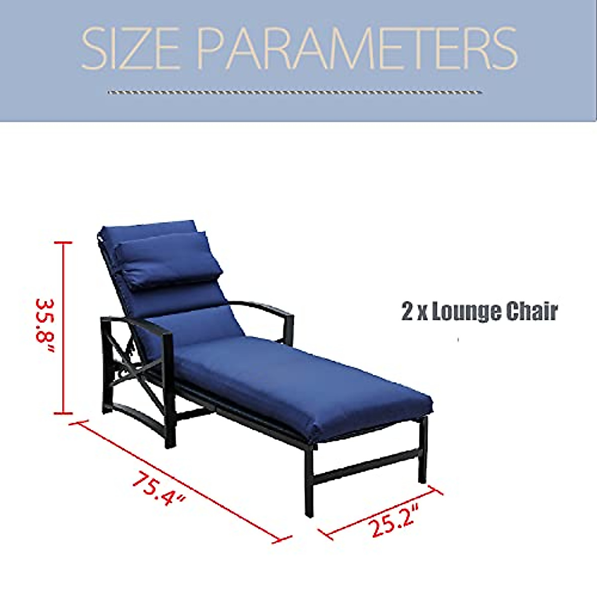 LOKATSE HOME 2 Piece Patio Chaise Lounge Chair Outdoor Furniture Set All Weather Metal Adjustable Backrest and Armchair with Removable Comfy Cushions, Blue