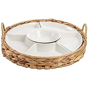 AVLA Ceramic Divided Serving Dishes, Porcelain Relish Tray, Party Appetizer Platter, 6 Removable Snack Bowls with Cattail Basket for Chips and Dips, Candy, Nut, Condiment, Veggie, Portable Handle