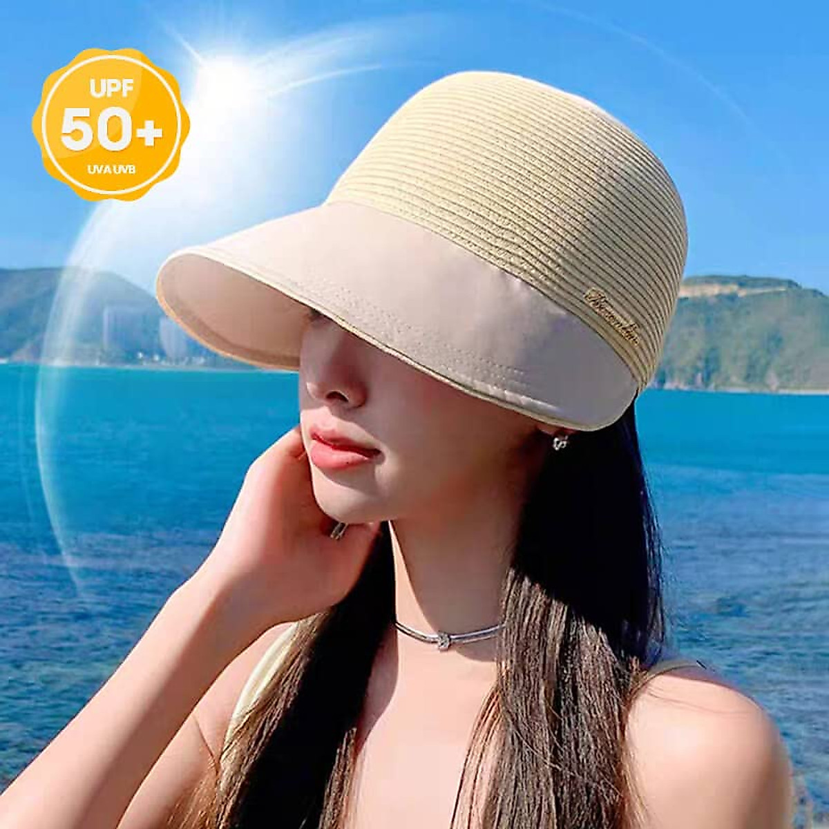 Women's Large Brim Sunscreen Hat for Beach Outing in Summer, Hats for Women UPF 50+ UV Sun Protective Beach Visor Hat (Khaki)