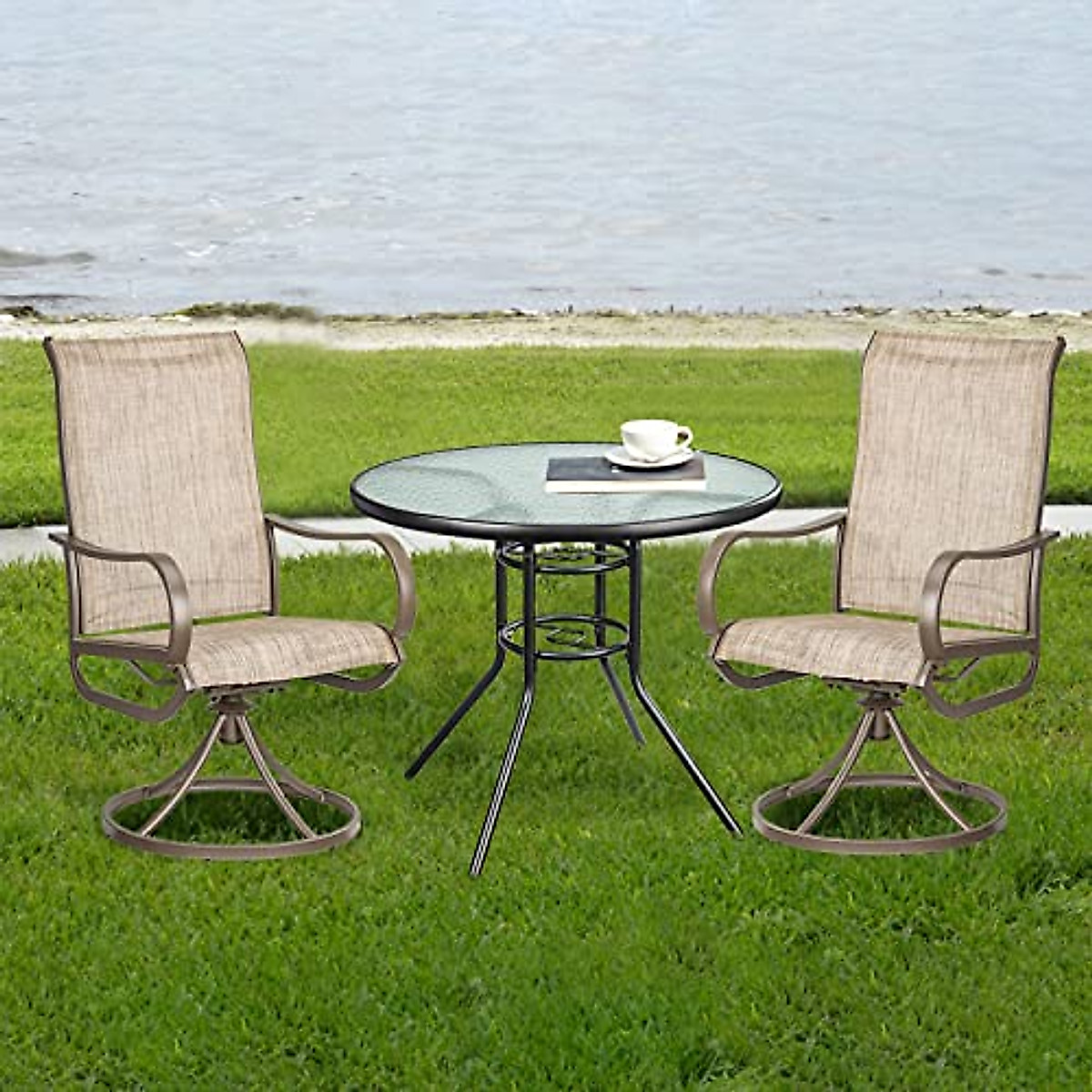 35.4"Outdoor Bistro Table Round Patio Dining Table Coffee Table Side Table with Umbrella Hole, Outdoor Indoor Banquet Furniture with Metal Frame and Glass Top for Garden Backyard Porch Lawn Deck,Black