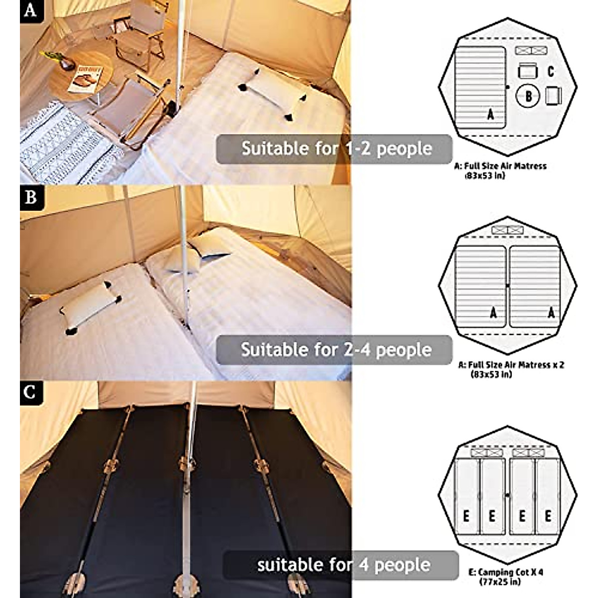 Baralir Outdoor Camping Tent Oxford Bell Tent Safari Tents Yurt Tent for Family with Cool Ventilation Mosquito Net Doors & Windows, Also Great for Winter with Zipper Full Closed