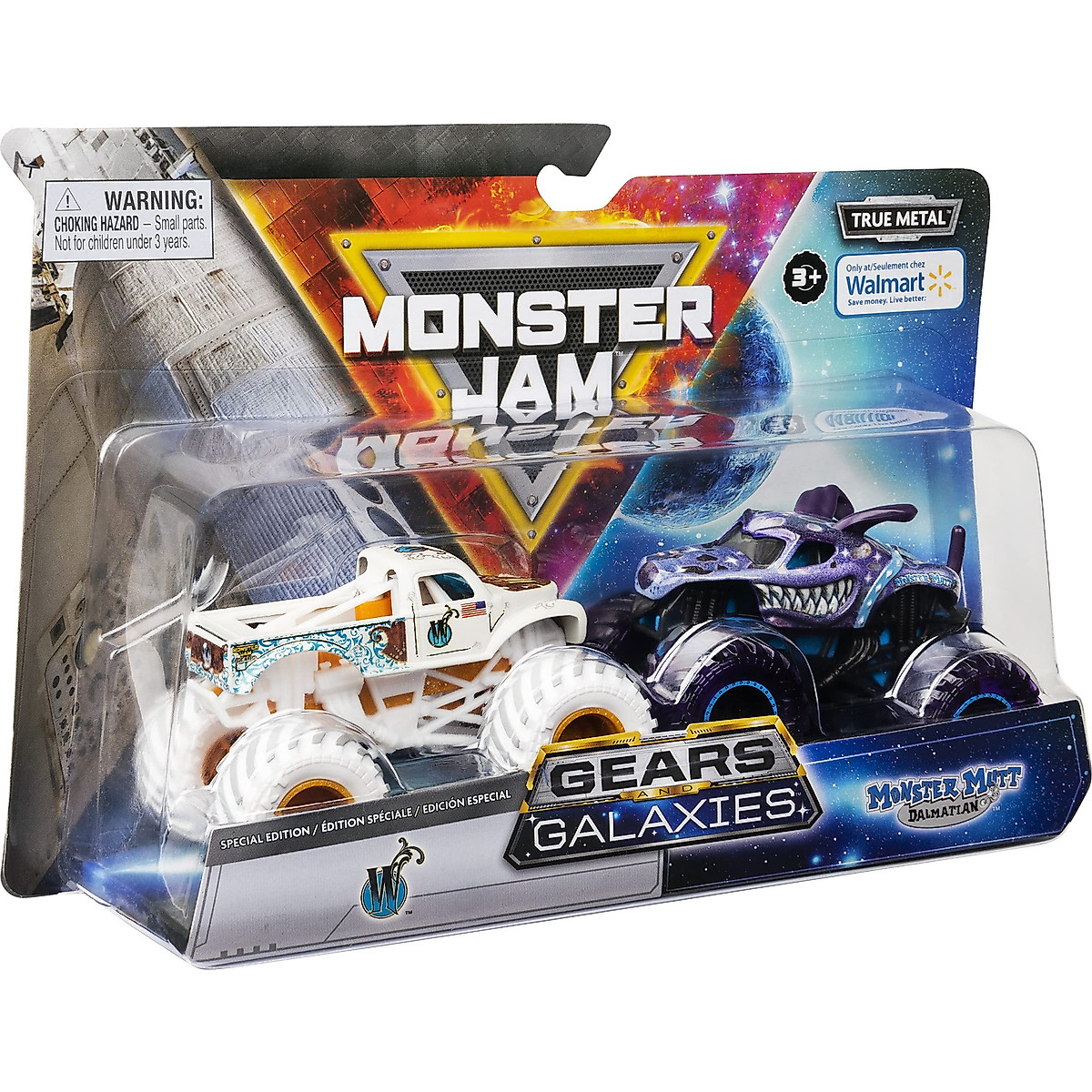 Monster Jam 2021 Spin Master 1:64 Diecast Exclusive Gears and Galaxies 'W' Whiplash vs Monster Mutt Dalmatian