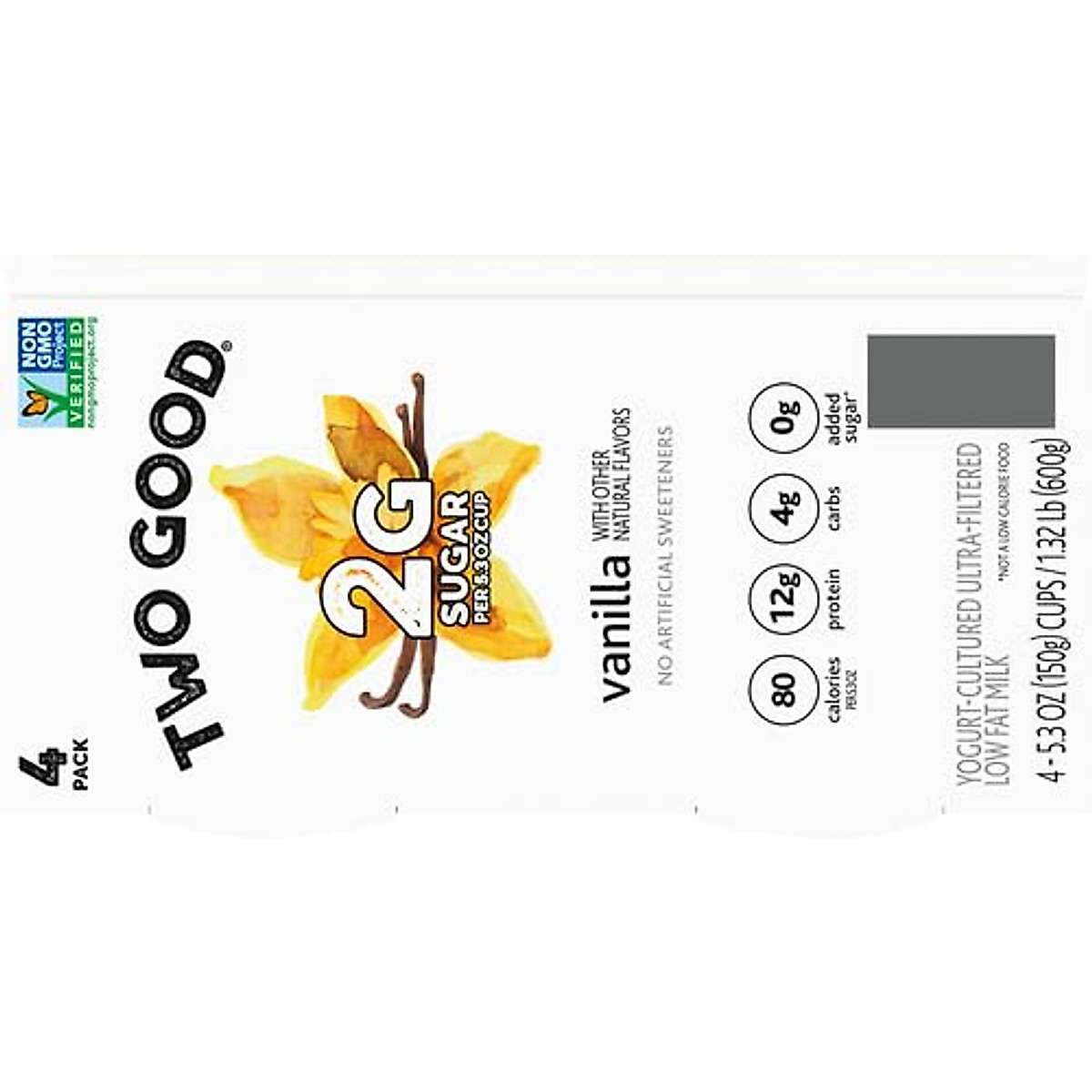 Two Good Low Fat Greek Yogurt, Vanilla, Lower Sugar, Gluten Free, With 2g of Sugar, 5.3 oz., 4 Pack