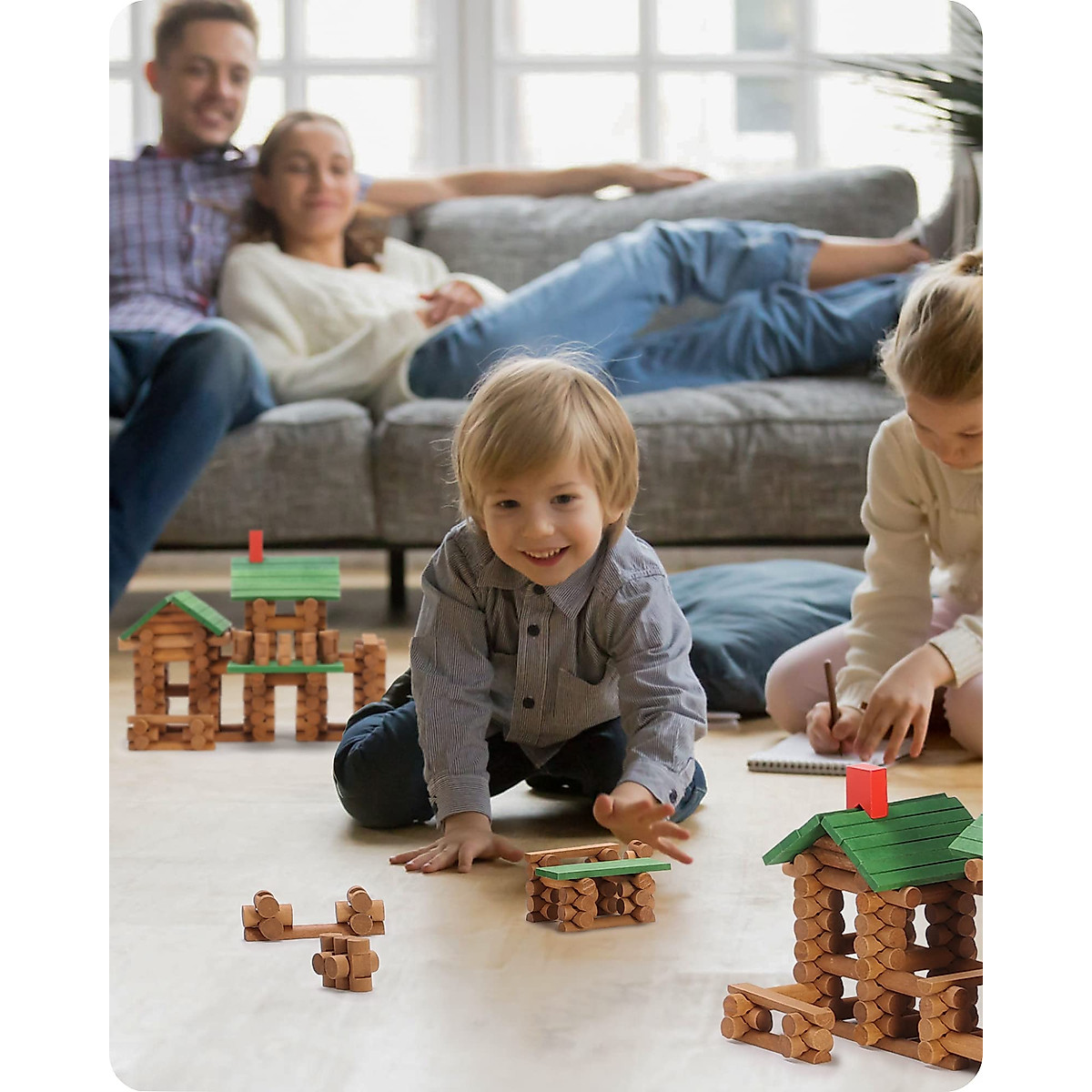 SainSmart Jr. 665 PCS Wooden Log Cabin Set Building House Toy for Toddlers, Classical STEM Construction Kit Compatible with Lincoln Logs for 3+ Kids