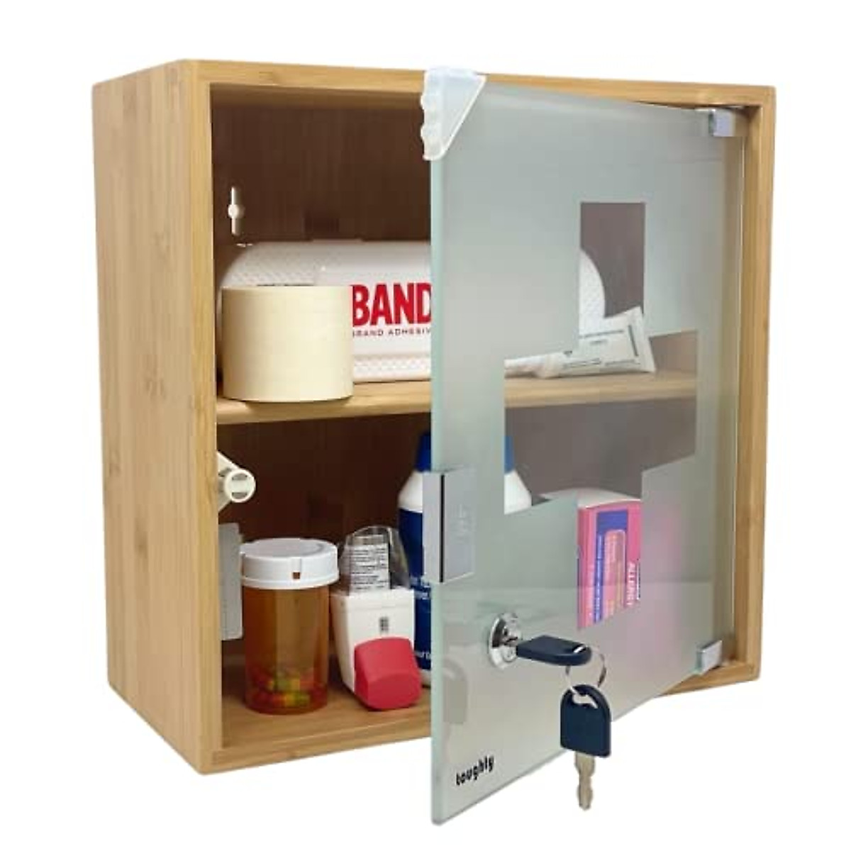 Toughty Bamboo Lockable Medical Cabinet for Medicine & Bandages with Frosted Tempered Glass, Wall Mount Storage Container, Hanging Medicine Cabinet, First Aid Wall Cabinet
