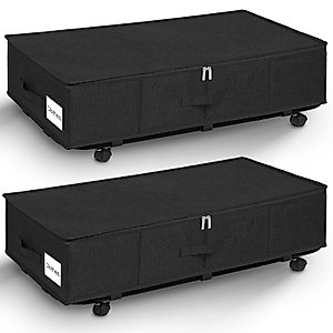 Under Bed Storage with Wheels Lid, Metal Bottom Support Under the Bed Storage Containers, Tall 8.7inch 50L Large Underbed Storage Drawer Organizer Bins for Clothes Blanket Toys 2 Pack