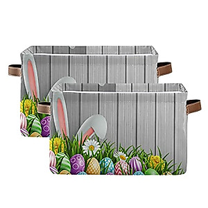 senya Easter Storage Basket with Handles, Easter Bunny Ears Flowers Wood Large Foldable Fabric Collapsible Storage Bins Organizer Bag for Storage Toy Storage