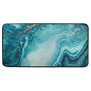 Ocean Blue Marble Kitchen Rugs Turquoise Gold Marbles Bath Rug Runner Comfort Mat Non-Slip Doormats Carpet for Bathroom Indoor 39" X 20"