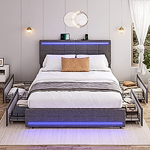 ADORNEVE Queen LED Bed Frame with 4 Drawers and 2 USB Charging Station, Queen Size Bed Frame with LED Lights Headboard Footboard, Upholstered Platform Bed with Storage, No Box Spring Needed, Dark Grey