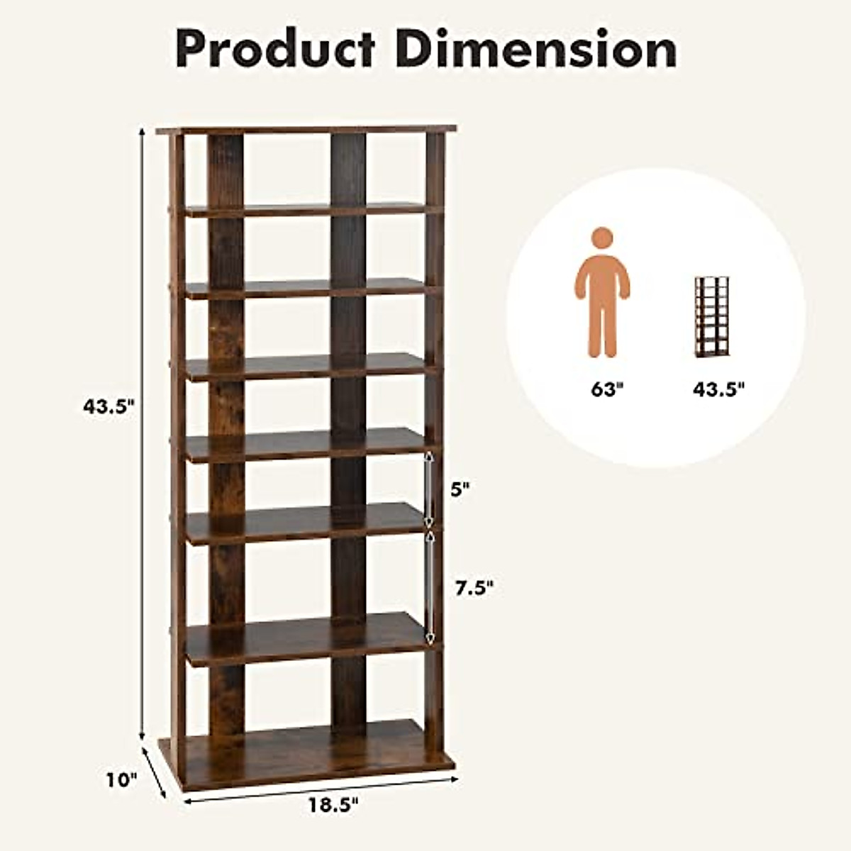 COSTWAY 7 Tiers Shoe Rack, Double Rows Vertical Tall Narrow Patented Shoe Organizer, Free Standing Shoe Rack for Small Space, Entryway, Closet, Living Room, Bedroom (Rustic Brown)