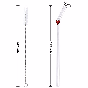 6 Pcs Glass Straws Shatter Resistant,Red Heart Glass Straws With Design 7.9in X 8mm Reusable Bent Drinking Straws with 2 Cleaning Brushes Valentine's Day Decoration for Beverages,Cocktails