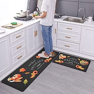 Artnice Kitchen Mat 2 Piece, Thanksgiving Day's Pumpkins Decorative Kitchen Mats Set, PVC Waterproof Anti Fatigue Kitchen Rug, Cushioned Kitchen Floor Mats for Home Office Sink Laundry, Black