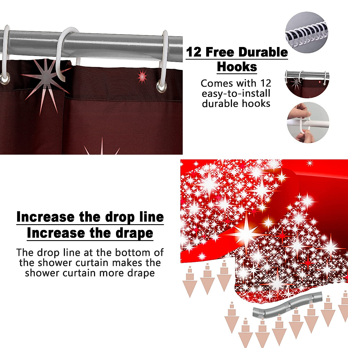 Poedist 4 Pcs Christmas Bathroom Decor Set,Christmas Shower Curtain Sets, Xmas Shower Curtain Sets with Rugs(Bath Mat,U Shape and Toilet Lid Cover Mat) and 12 Hooks,Christmas Tree