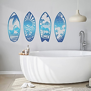 4Pcs Metal Surf Board Wall Decor Summer Surfboard Beach Signs Shark Palm Tree Wall Art Tropical Wall Decor Hanging Coastal Wall Decor Sea Turtle Wall Decoration for Wall Door (Blue)