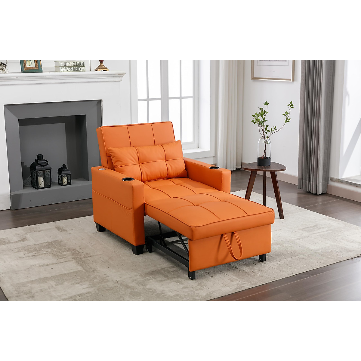 Convertible Sleeper Chair Bed, 3-in-1 Adjustable Small Sofa Bed Couch with USB Type C Ports Wear-Resistant Scratch-Resistant Leather for Living Room Apartment Small Space